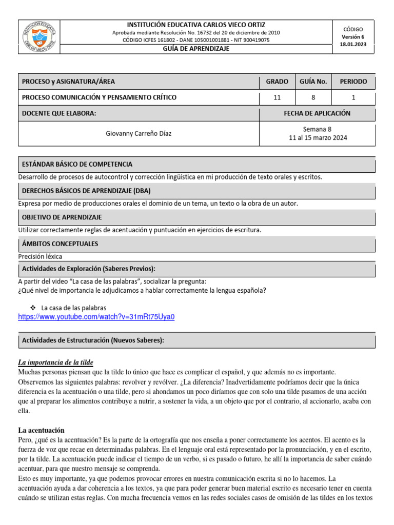 Procesocomunicacion Espa Olund Cimo Guia8periodo1 | PDF | Escritura | Aprendizaje