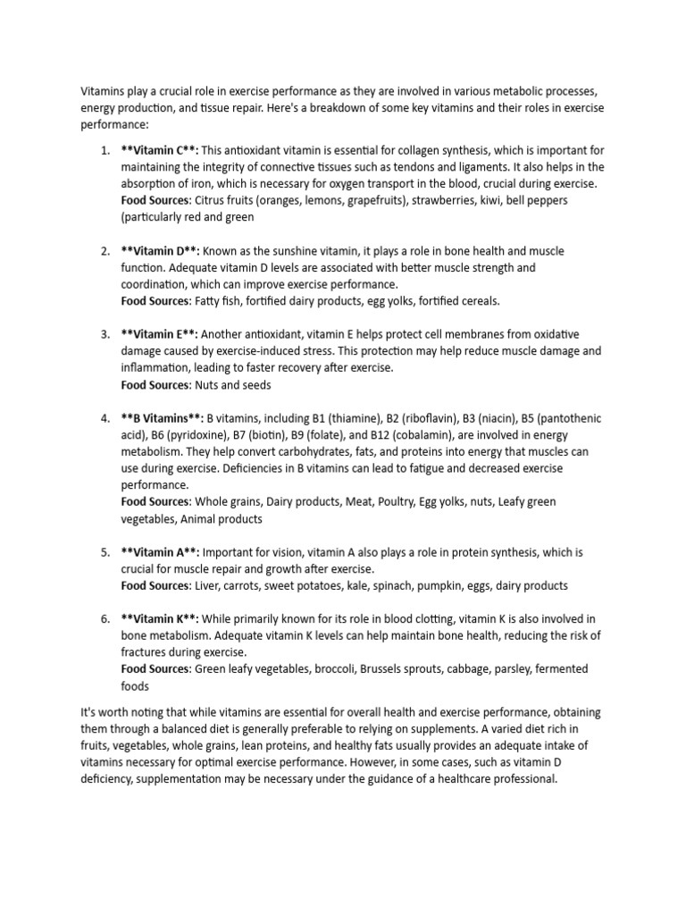 Vitamins and Exercise Performance | PDF | Vitamin | Foods