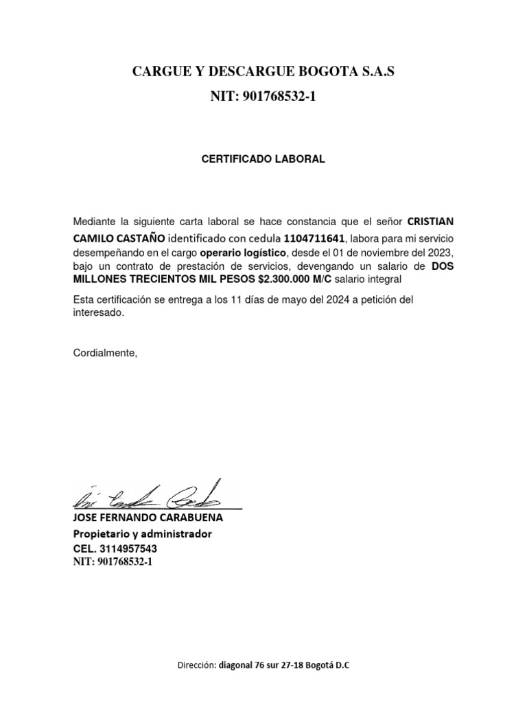 Certificacion Cargue y Descargue Sas | PDF | Finanzas y dinero