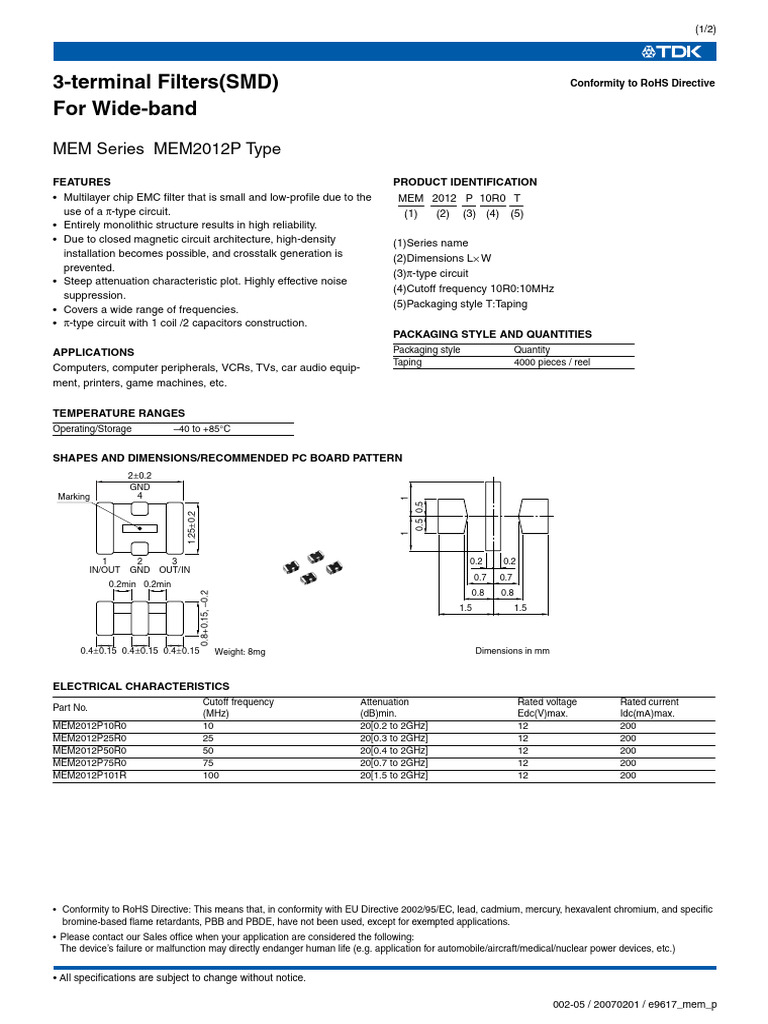 3-Terminal Filters (SMD) For Wide-Band: MEM Series MEM2012P Type ...