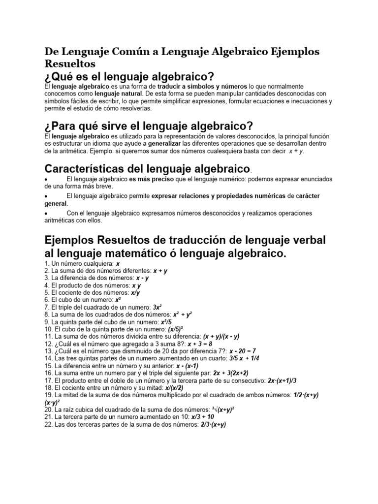 De Lenguaje Común A Lenguaje Algebraico Ejemplos Resueltos | PDF | Números | Álgebra