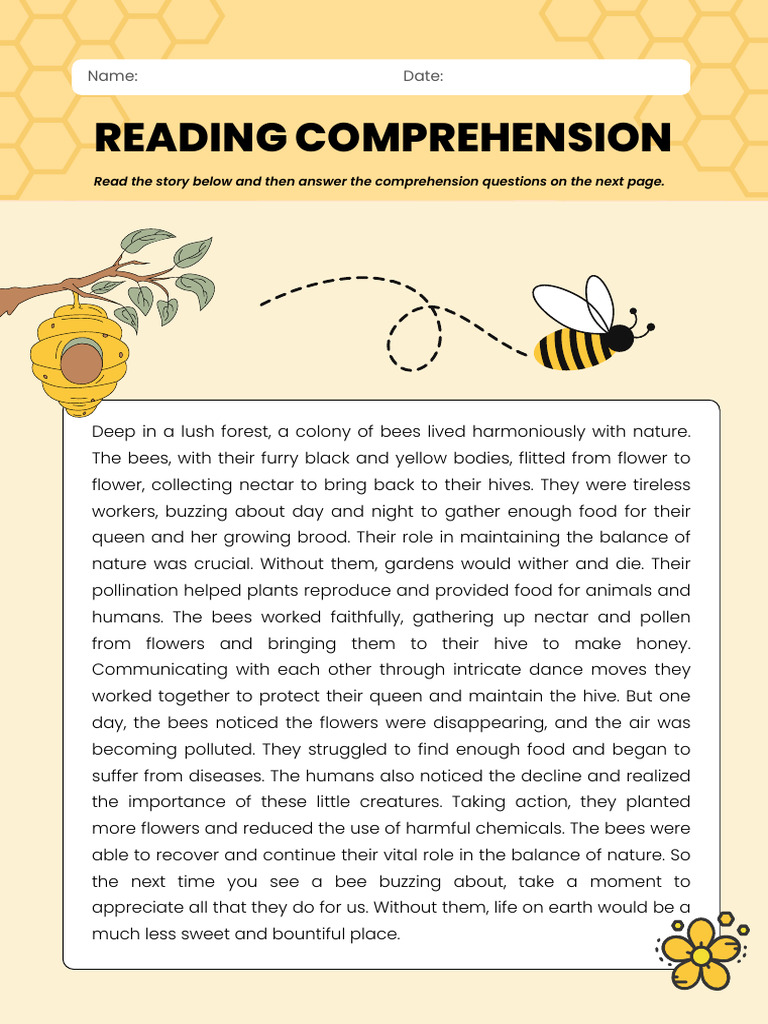 Yellow and Black English Reading Comprehension Worksheet | PDF