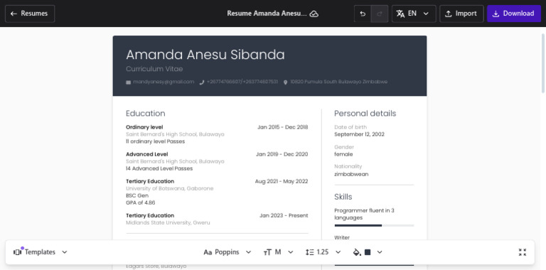 Resume of Amanda Anesu Sibanda | PDF | Educational Stages