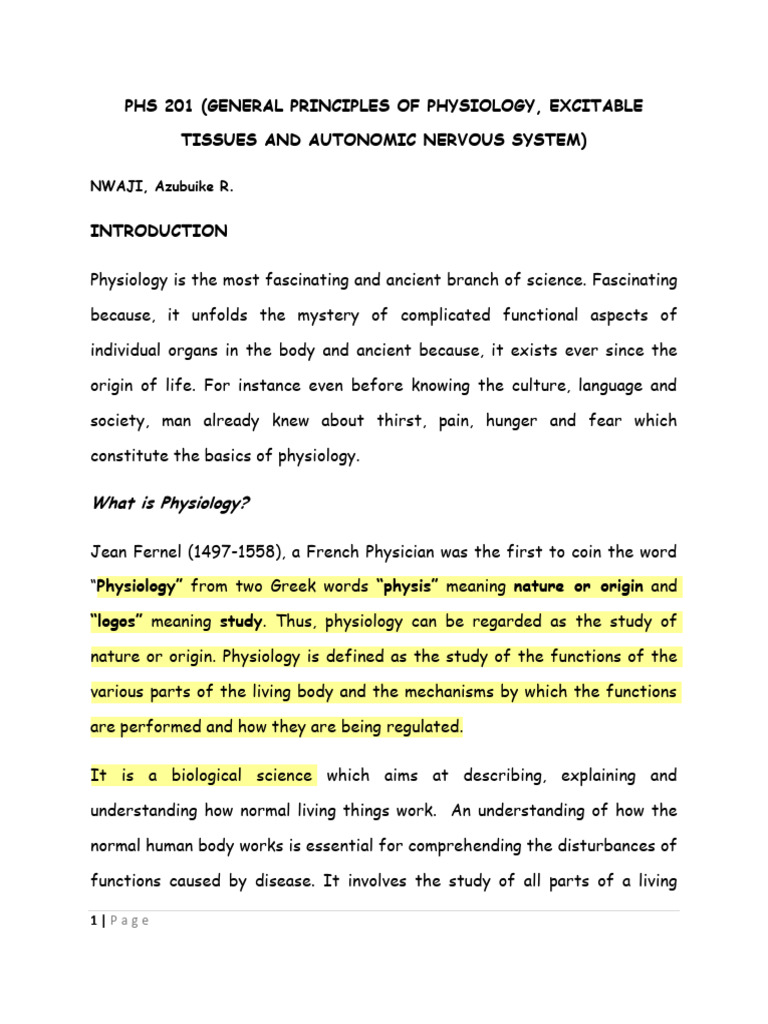 PHS 201 LECTURE NOTEpdf-1 | PDF | Homeostasis | Human Body