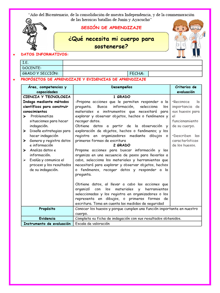 U3 S1 Sesion D3 CT Que Necesita Mi Cuerpo para Sostenerse Maestras de Primaria Del Peru | PDF ...