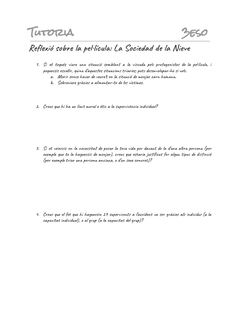 Activitat Tutoria - La Sociedad de La Nieve | PDF