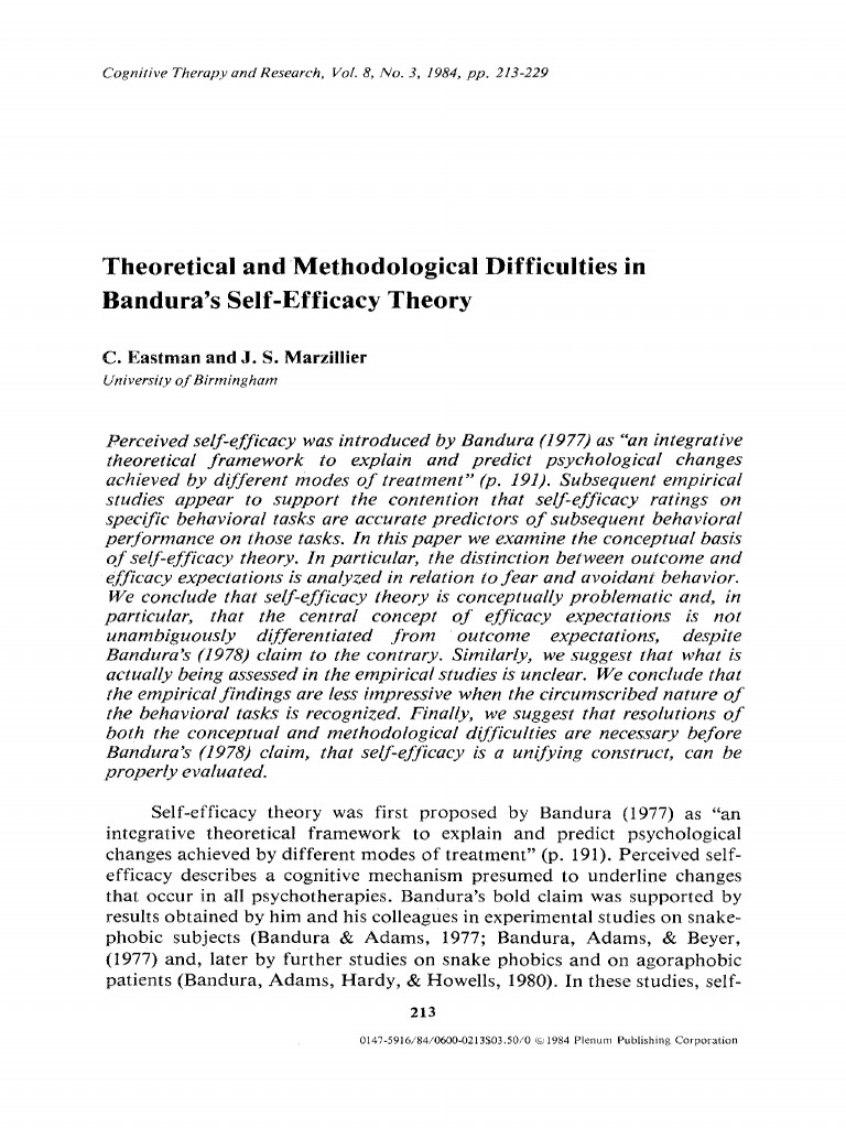 Eastman-Theoritical and Methodological Difficulties in Bandura's Self-Efficacy Theory-1984 | PDF ...