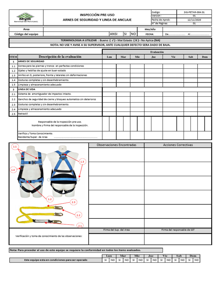 Check list de pre uso de arnes de seguridad | PDF