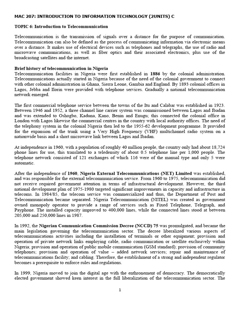 MAC 207 TOPIC 6 2024 | PDF | Telecommunications | Telephone