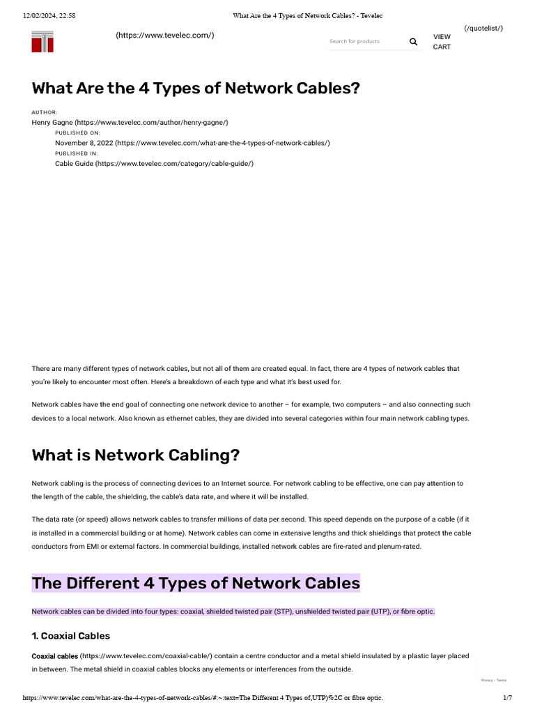 What Are The 4 Types of Network Cables - Tevelec | PDF | Coaxial Cable ...