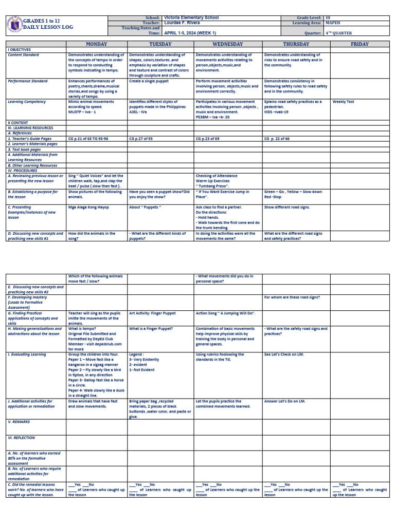 DLL - Mapeh 3 - Q4 - W1 | PDF | Learning | Teachers