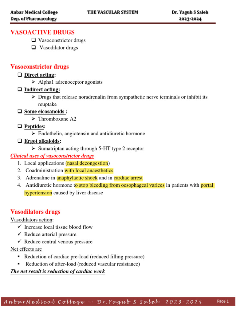 L4 VASOACTIVE DRUGS - DR - Yagub S Saleh | PDF | Vasodilation | Angiology