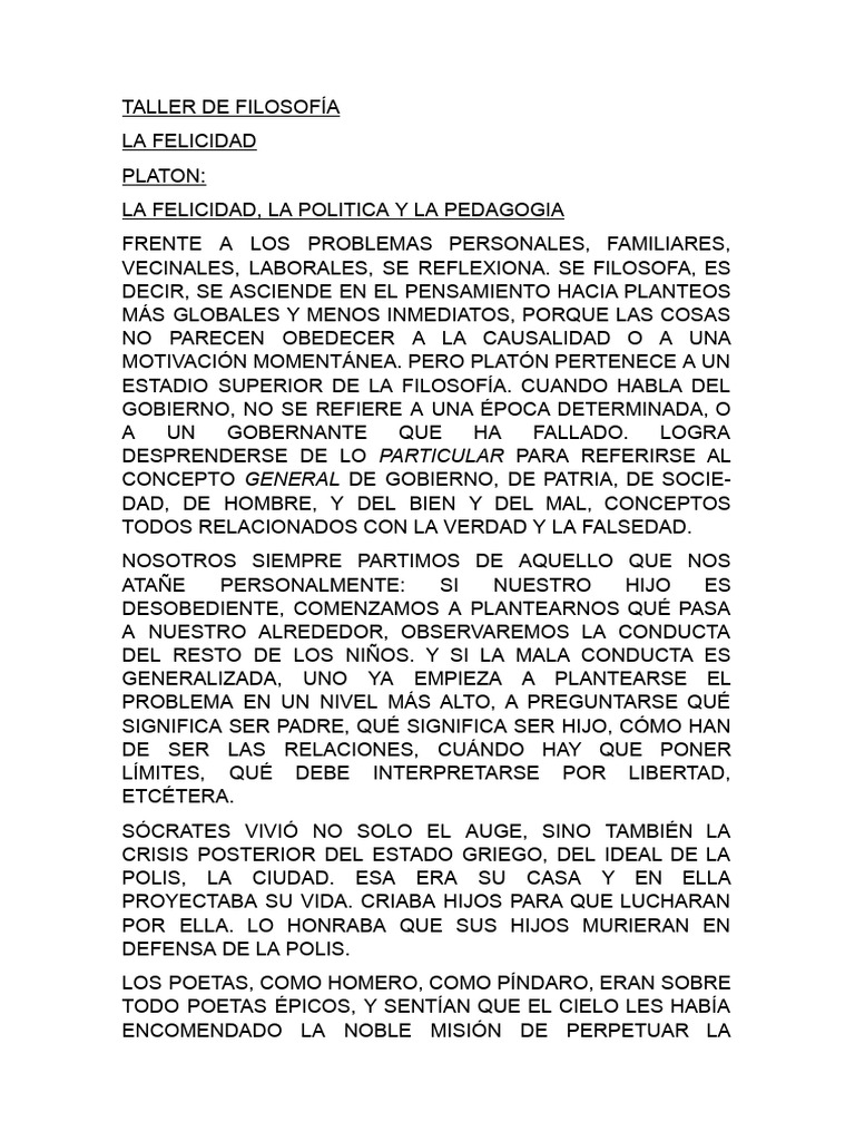 La Filosof-A U.I.P. Plat-N. La Felicidad. 2024. 22-04 | PDF | Platón | utopía