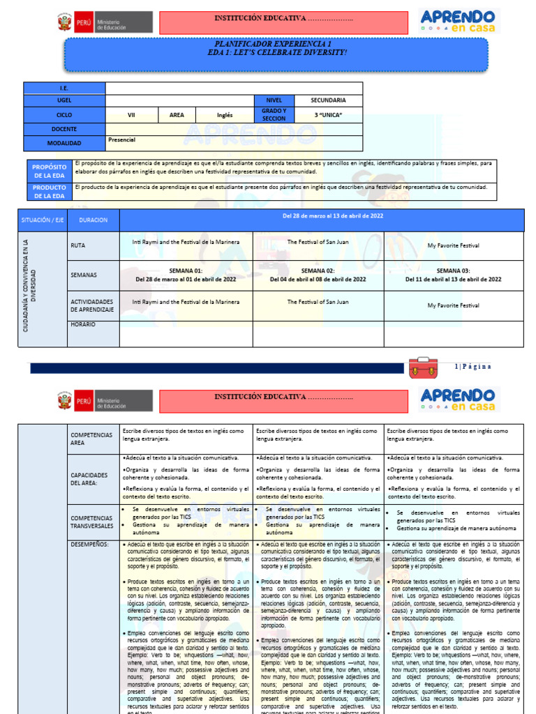 Planificador Semanal - 3° Sec-Ingles Exp 1 | PDF | Comunicación humana | Lingüística