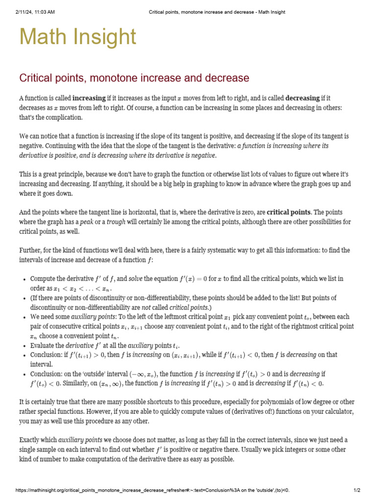 Critical Points, Monotone Increase and Decrease - Math Insight | PDF ...