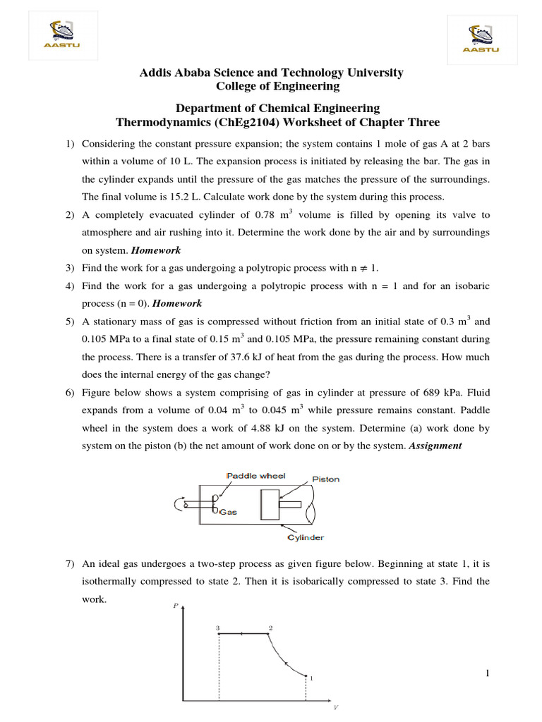 Thermodynamics Problems Worksheet | PDF | Gases | Pressure