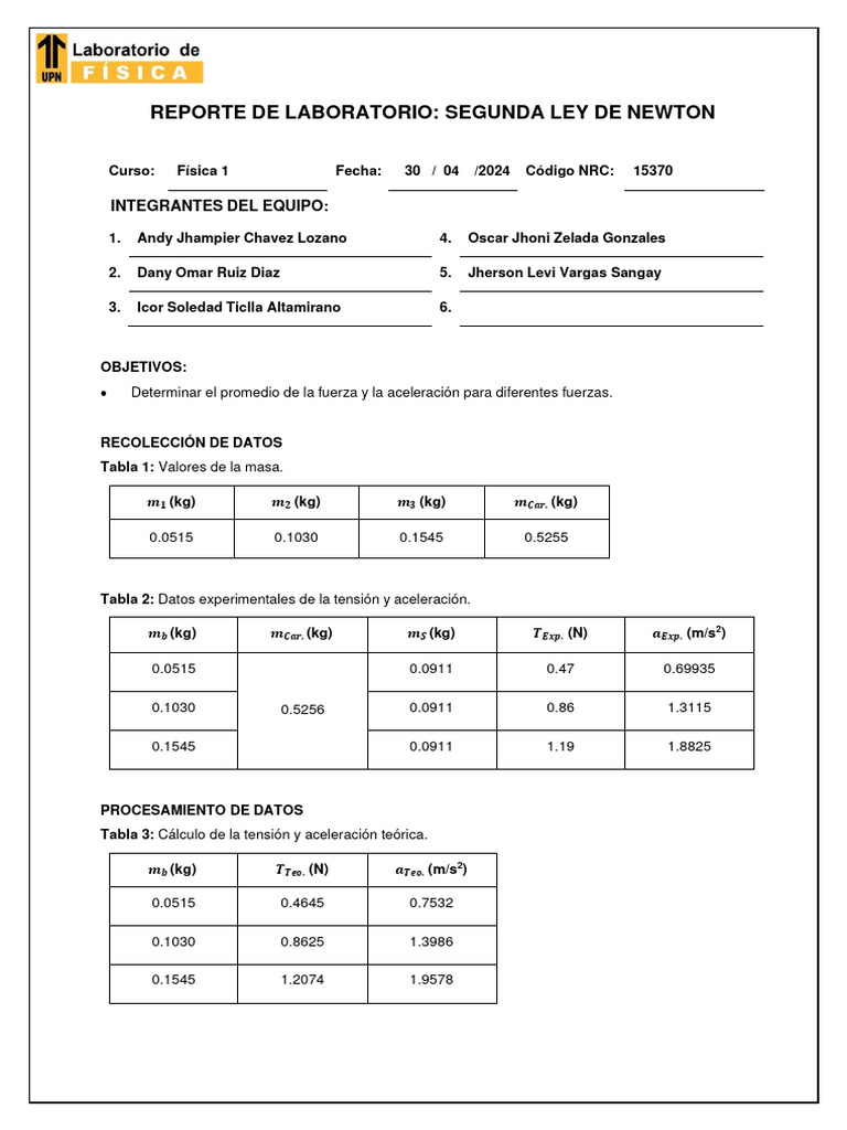 REPORTE - LAB - FISI1 - S06 - 2LN - 2024 (1) (1) (2) Mesa7 | PDF | Masa | Fuerza