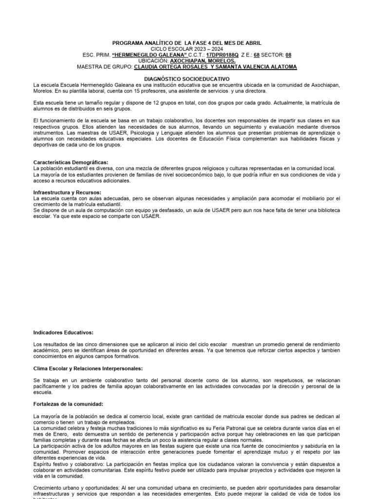 Programa Analítico de La Fase 4 Del Mes de Abril Completo | PDF | Adverbio | Evaluación