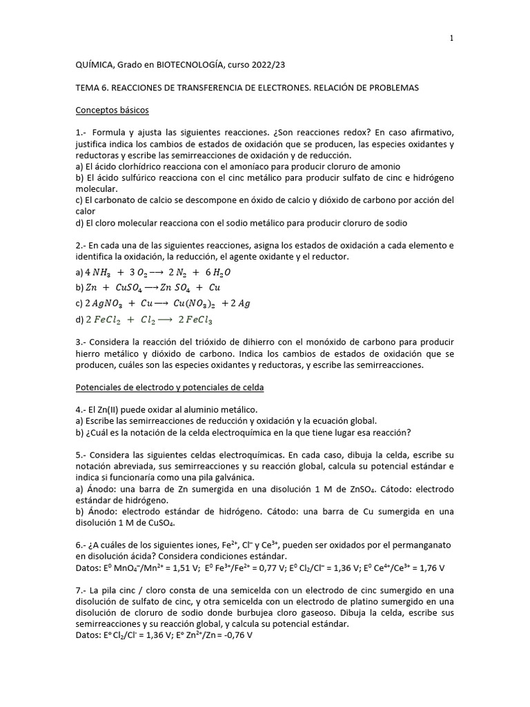 Tema 6 Redox Problemas Propuestos 2223 | PDF | Redox | Fenómenos científicos