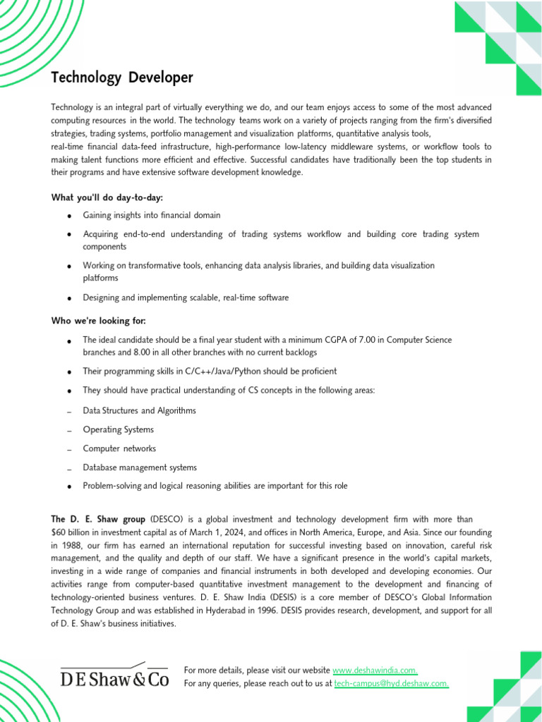 D. E. Shaw India Technology Developer | PDF | Algorithmic Trading | System