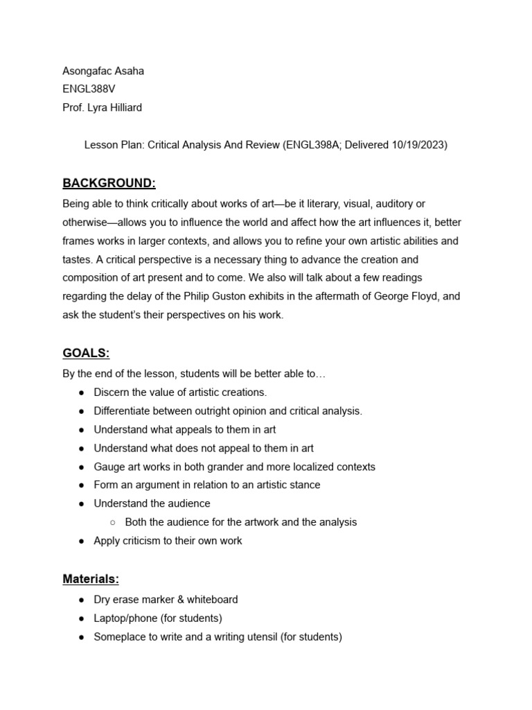 engl388v revised lesson plan for engl398a | PDF | Cognition