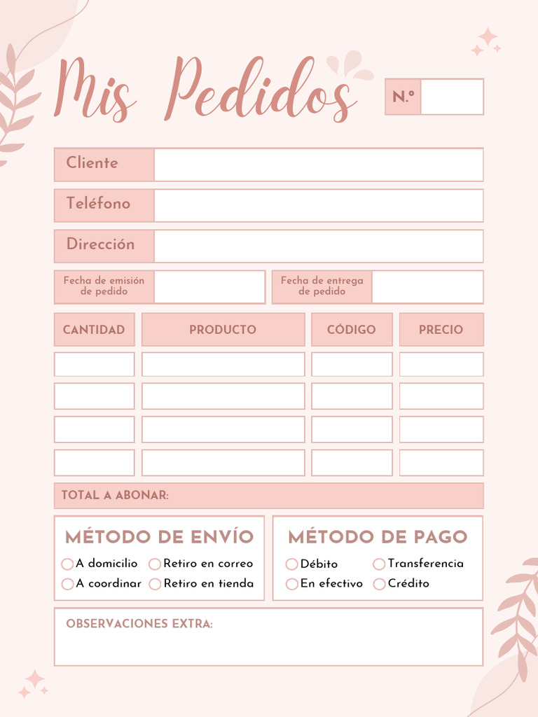 Documento A4 Hoja De Pedidos Orgánico Rosa | PDF