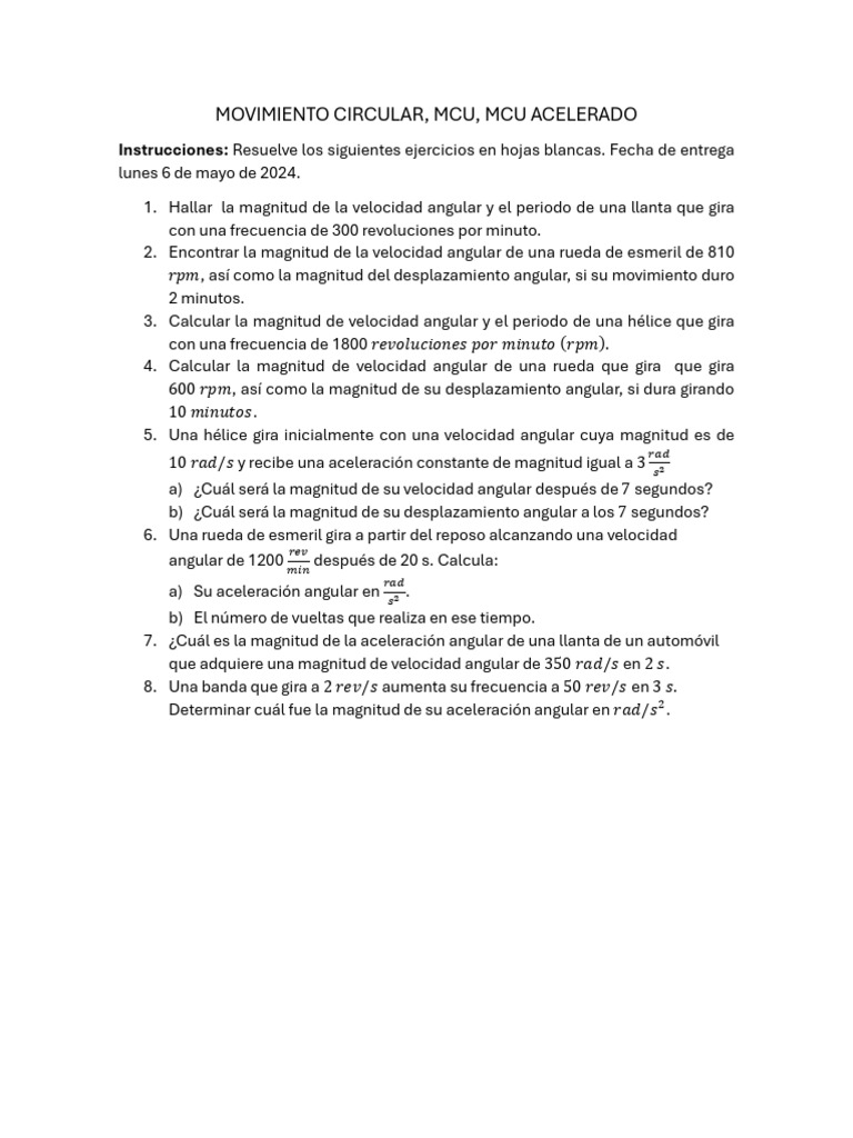 Ejercicios para 6 de Mayo-Movimiento Circular (MC), MC Uniforme, MCUA | PDF