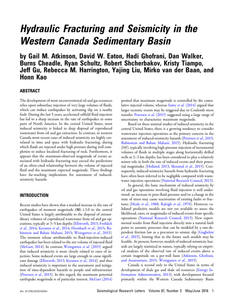Hydraulic Fracturing And Seismicity In The Western Canada Sedimentary Basin Pdf Earthquakes