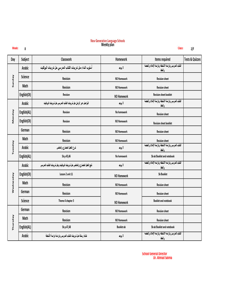 New Generation Language Schools: Week: Class | PDF