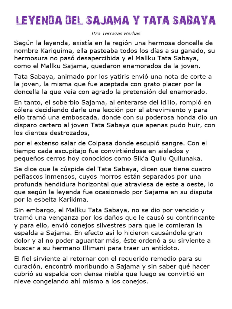 Leyenda Del Sajama y Tata Sabaya | PDF