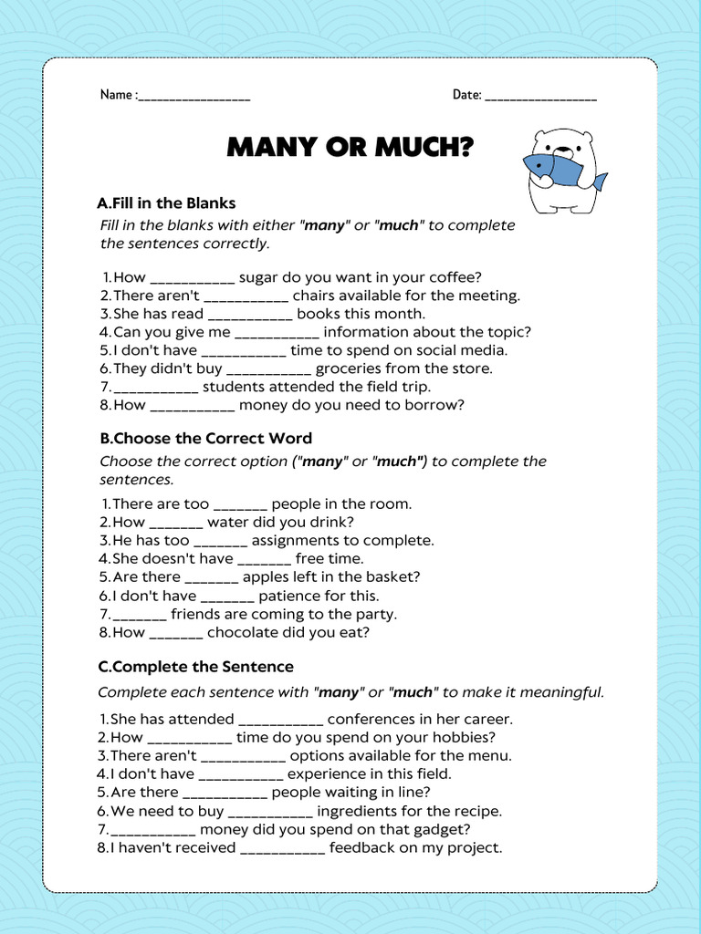 Blue White Pattern Many or Much Exercise Grammar Worksheet | PDF ...