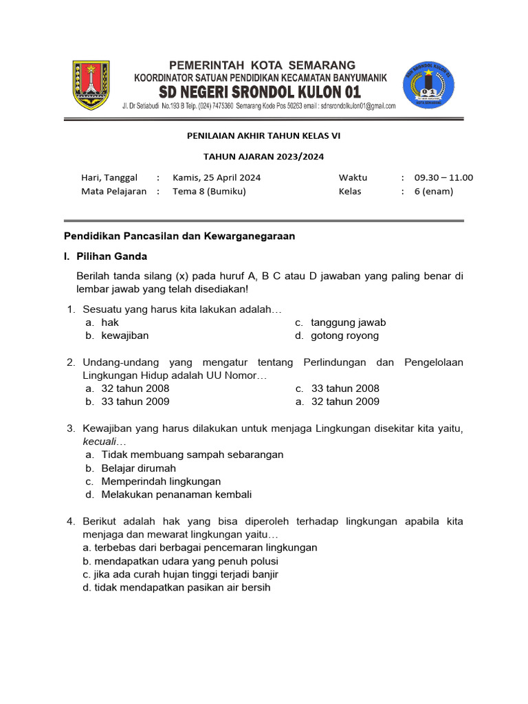 Soal Pat Tema 8 2024 | PDF | Kajian Bahasa Asing