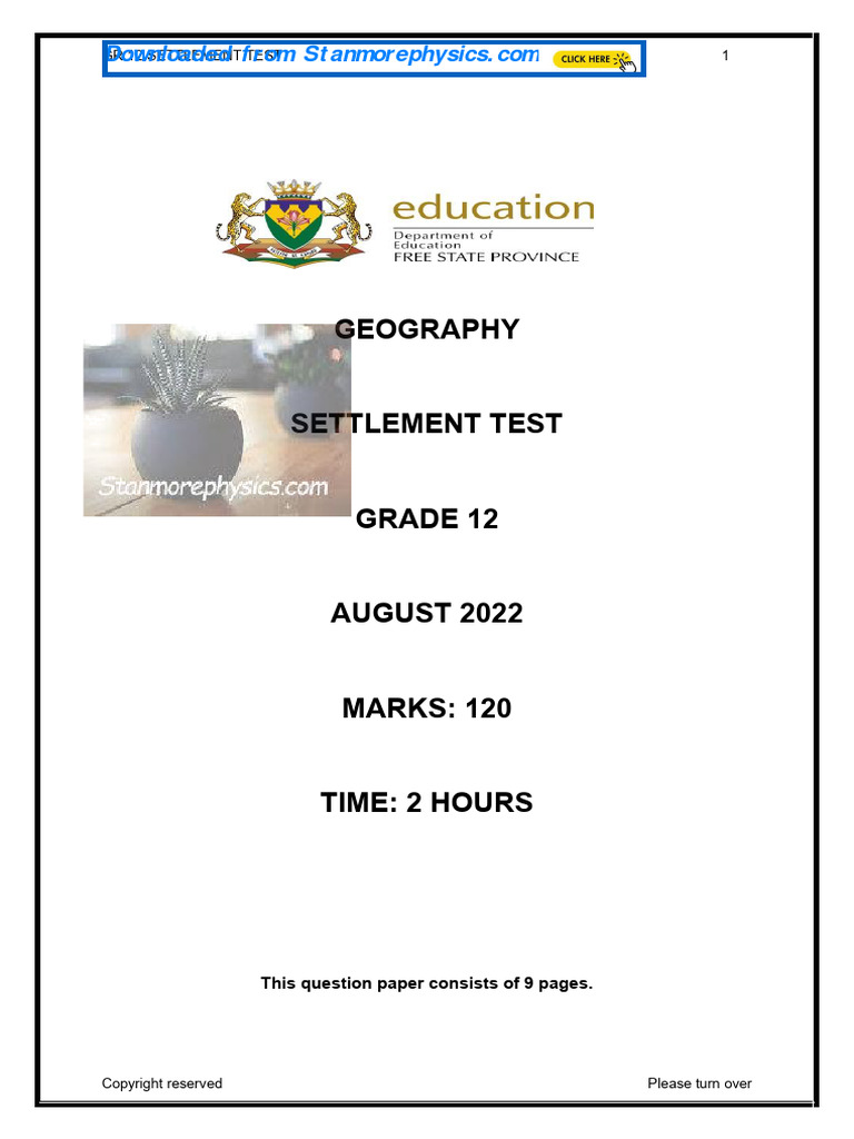 FS Geography Settlement Grade 12 August 2022 Test and Memo | PDF ...