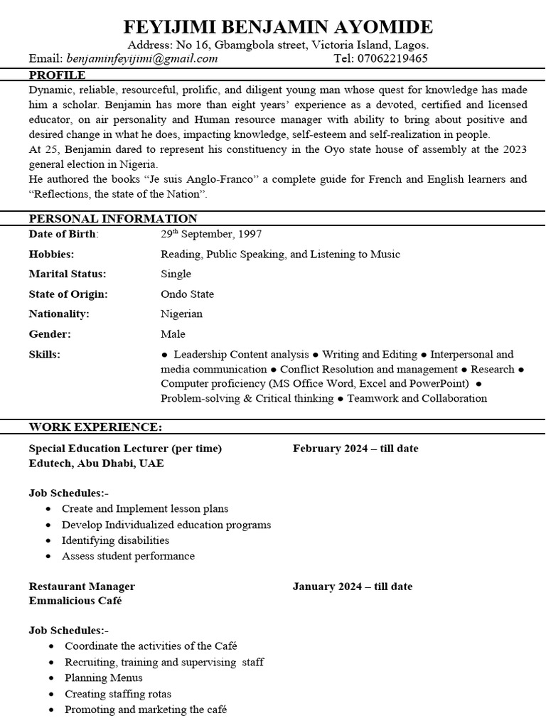 Feyijimi Benjamin Ayomide - Resume | PDF | Learning | Human Communication