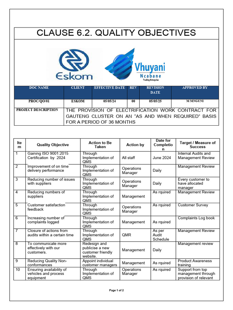 Quality Objectives for Electrification Project | PDF | Quality ...