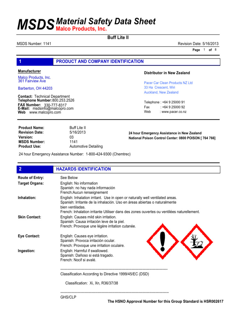 Material Safety Data Sheet - Pacer Car Clean Products | PDF