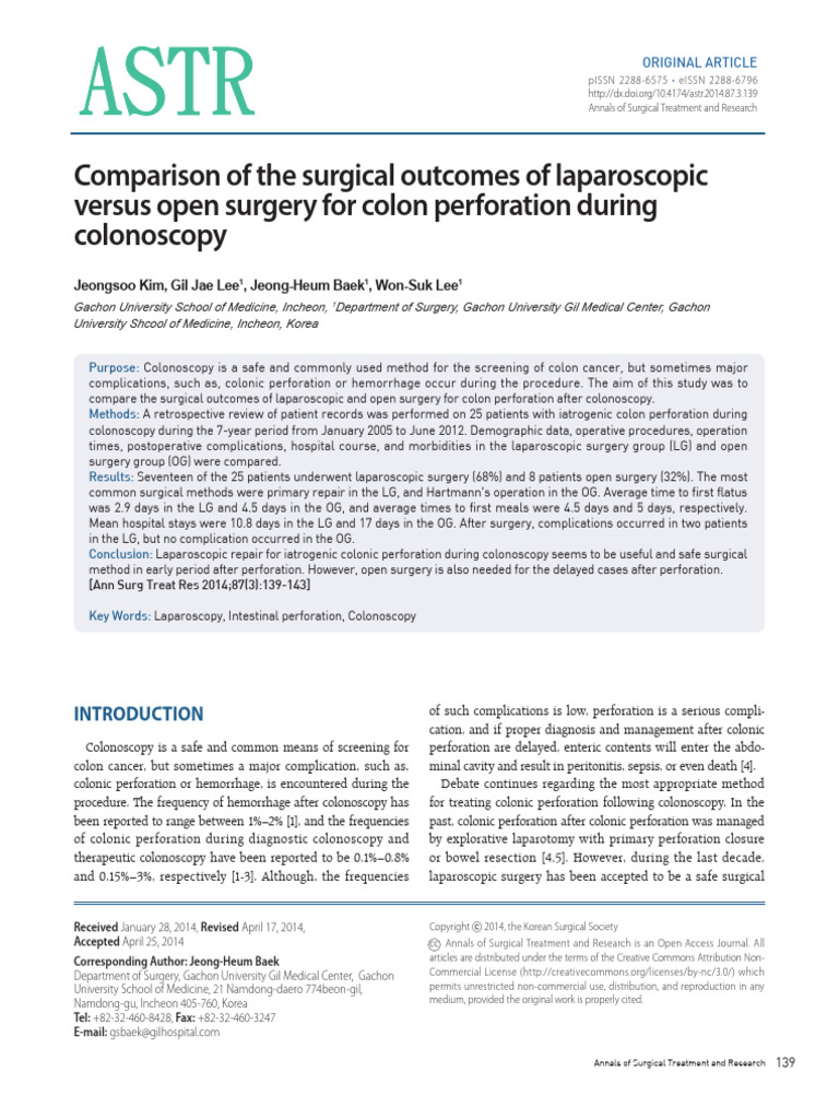Comparison of The Surgical Outcomes of Laparoscopic Versus Open Surgery For Colon Perforation ...