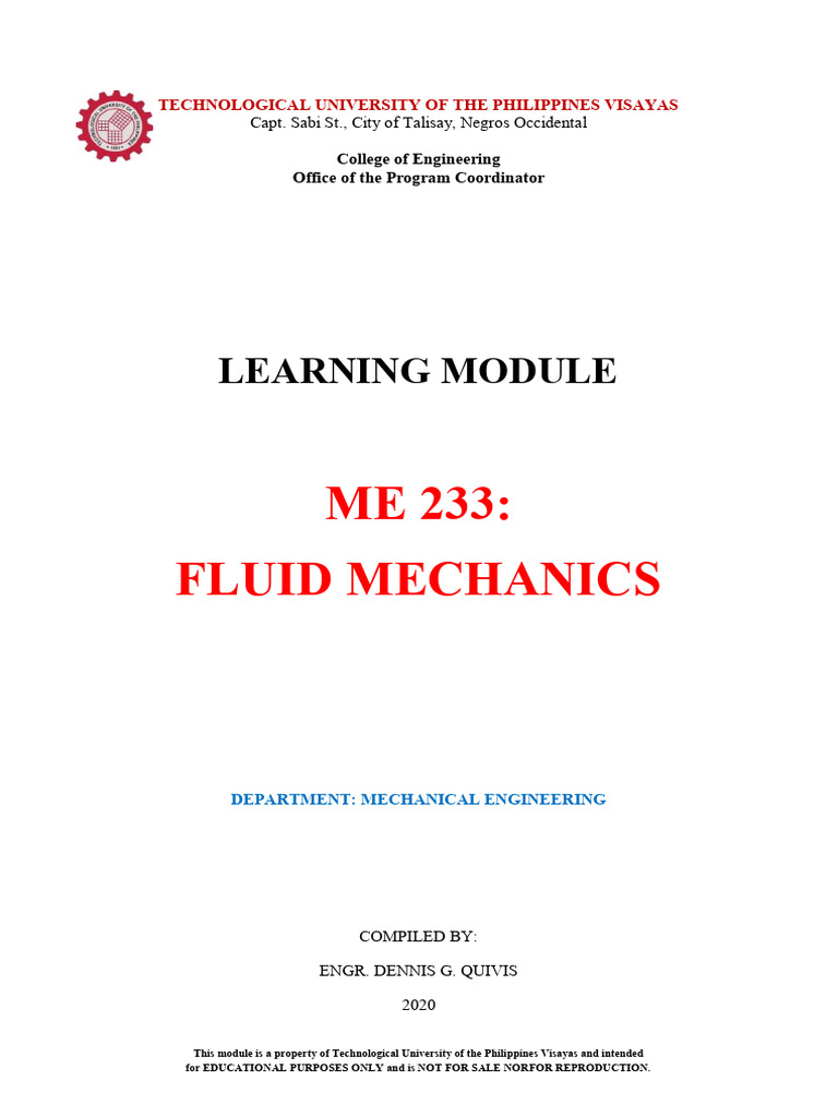 Me 233 Fluid Mechanics Moduleweek 1 4 Pdf Fluid Mechanics Fluid