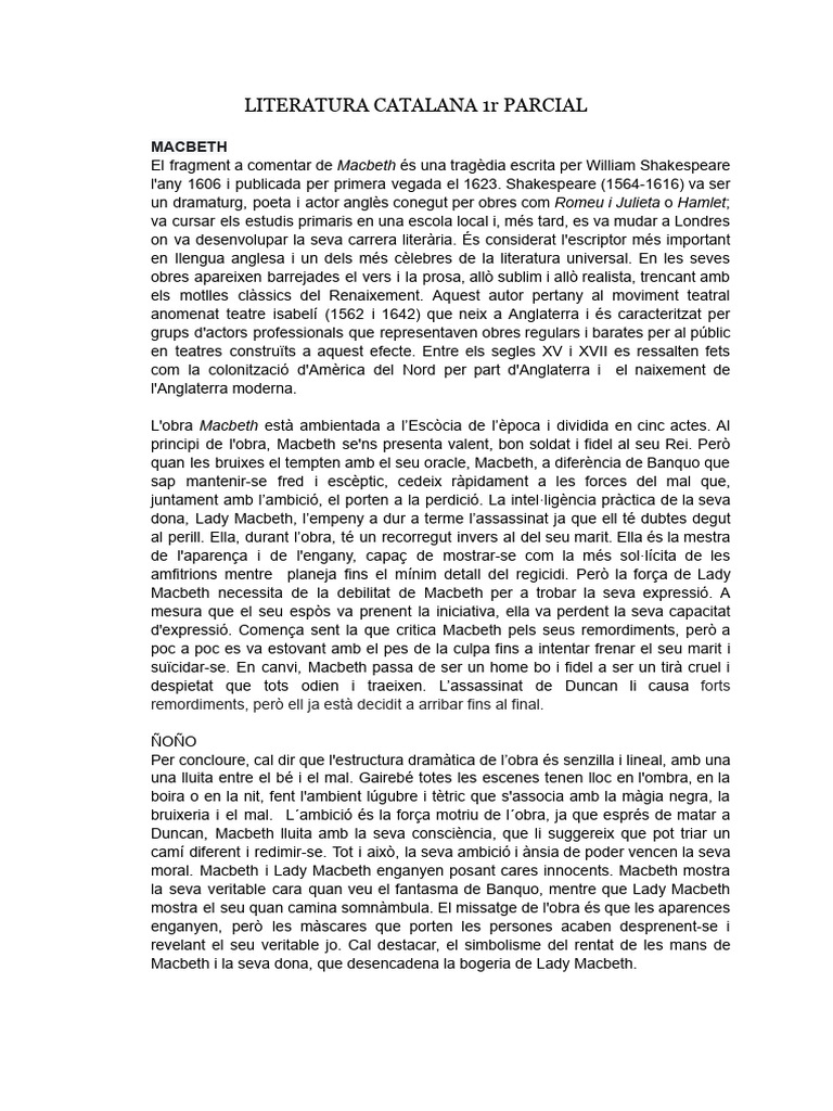 LITERATURA CATALANA 1r PARCIAL. MACBETH, Ã - DIP REI, TRISTANY I ISOLDA | PDF