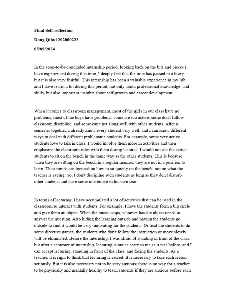 final self-reflection | PDF | Teachers | Classroom Management