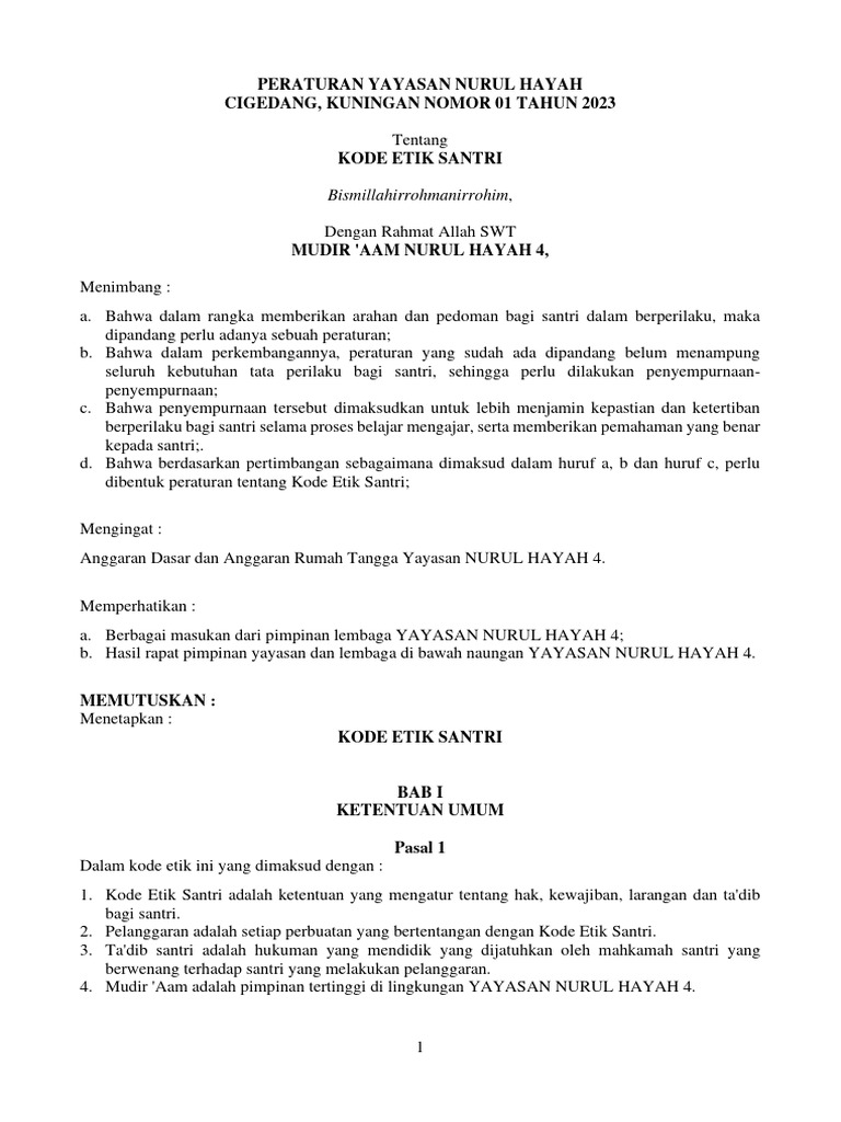 Kode Etik Santri Nurul Hayah 4 | PDF