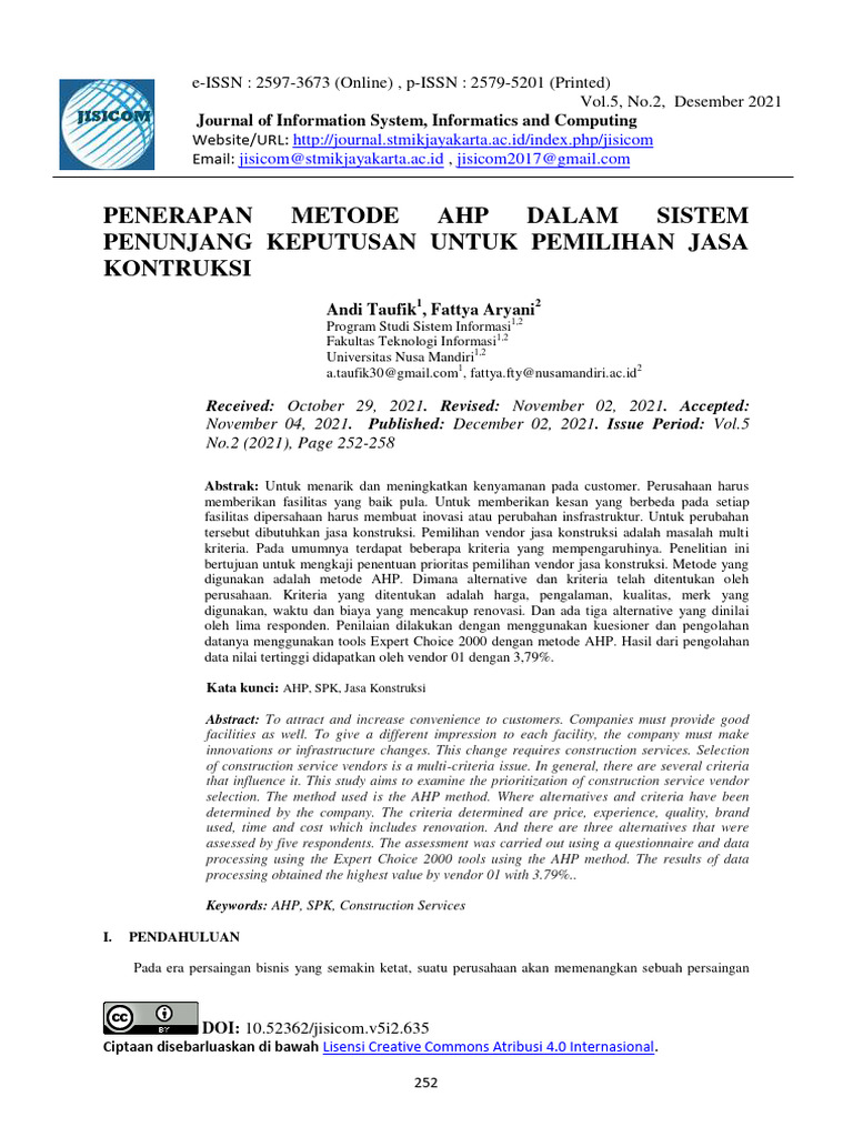 Penerapan Metode Ahp Dalam Sistem Penunjang Keputusan Untuk Pemilihan Jasa Kontruksi | PDF