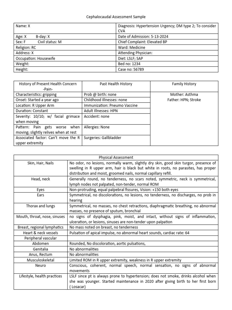 Cephalocaudal Assessment Sample | PDF | Heart | Hypertension