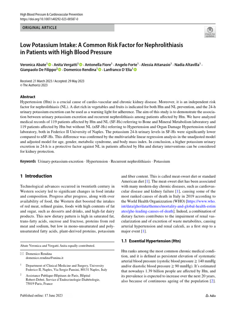 Low Potassium Intake A Common Risk Factor For Neph | PDF | Hypertension | Medical Specialties