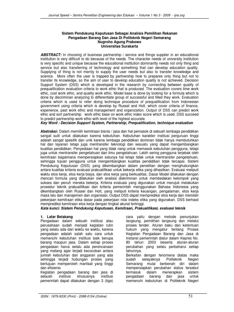 Sistem Pendukung Keputusan Sebagai Analisis Pemilihan Rekanan Pengadaan Barang Dan Jasa Di ...
