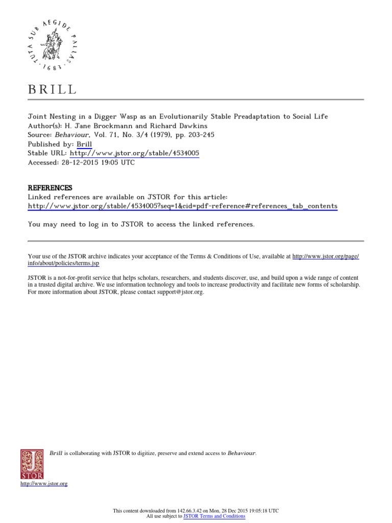 Dawkins, Richard - Joint Nesting in A Digger Wasp As An Evolutionarily Stable... (1979) | PDF ...