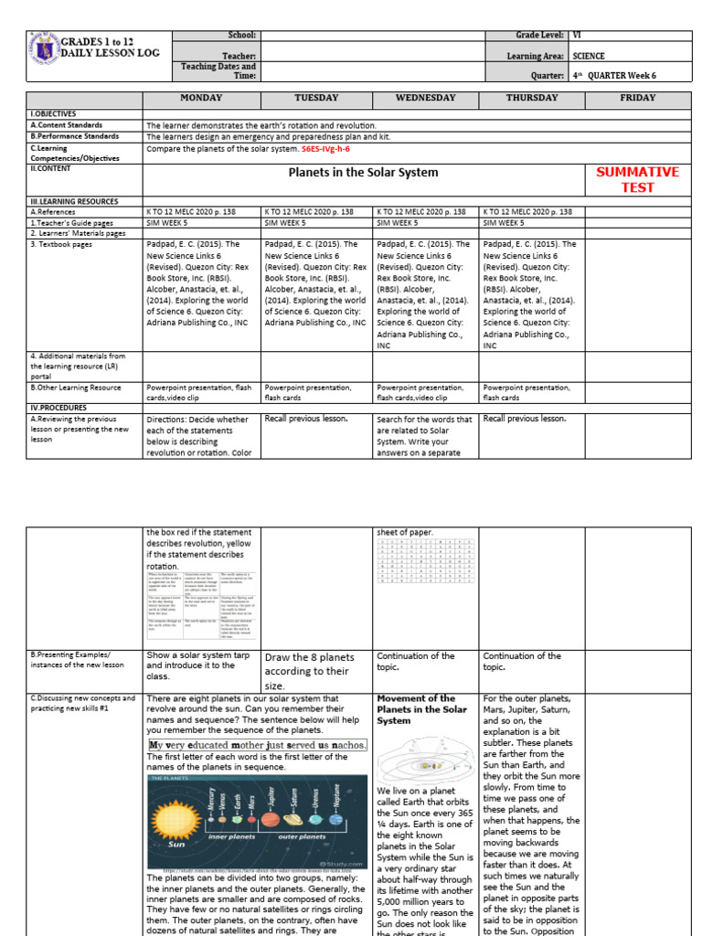 Sci 6 DLL Week 6 q4 | PDF | Planets | Planets In Astrology