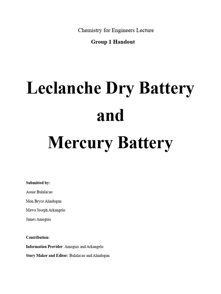 CHEMFORENG LEC - Leclanche Dry Battery and Mercury Battery - 2023-2 ...
