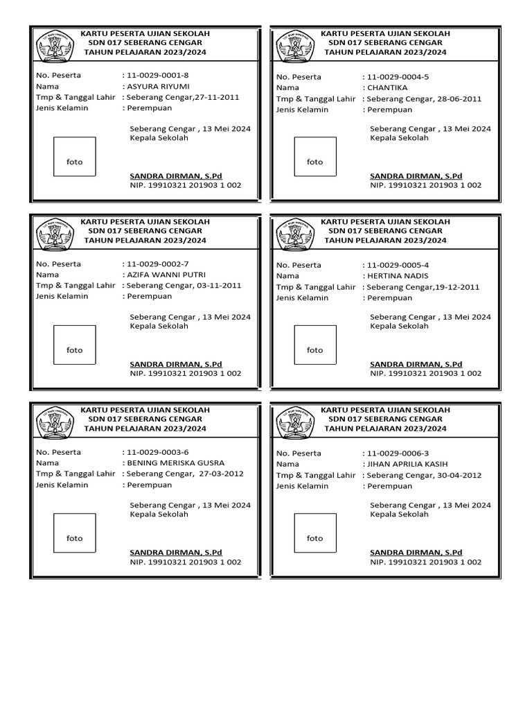 Kartu Peserta Ujian Sekolah - Www.kherysuryawan.id | PDF
