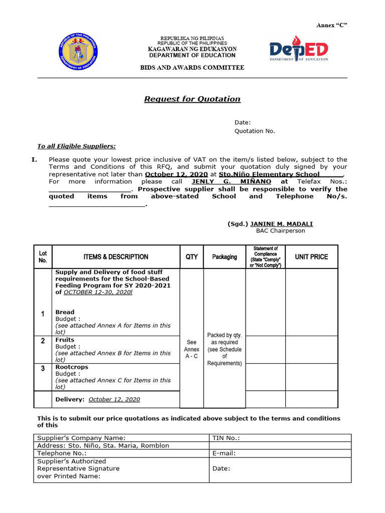 JULIUS COSTO FORMAT Request For Quotation Procurement | PDF